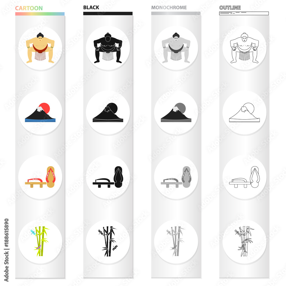 Sumo wrestler, Mount Fuji, bamboo, Japanese shoes, geta.Japan set ...