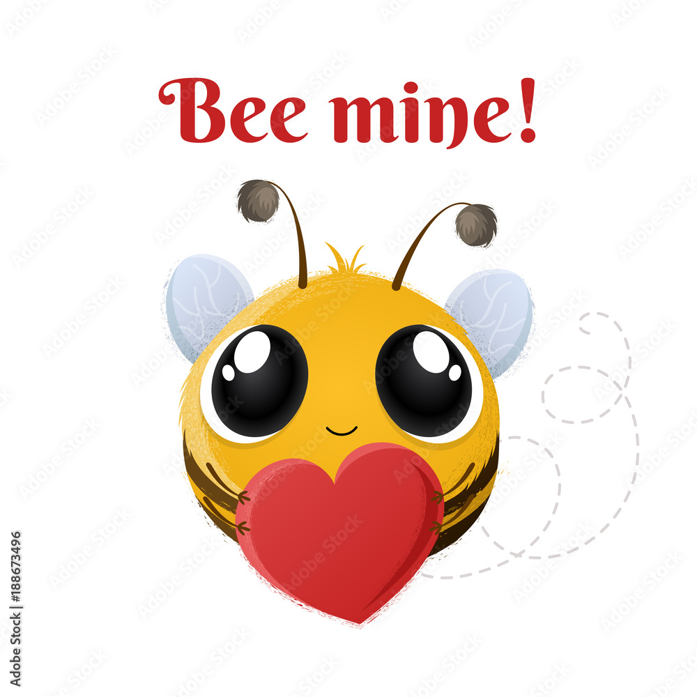 Cartoon cute bee character with heart in hands. Bee mine message for ...