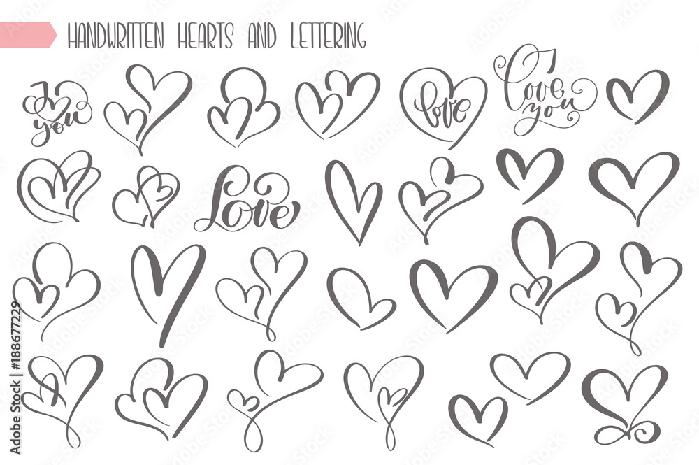 Big set valentines day hand written lettering heart love to design ...