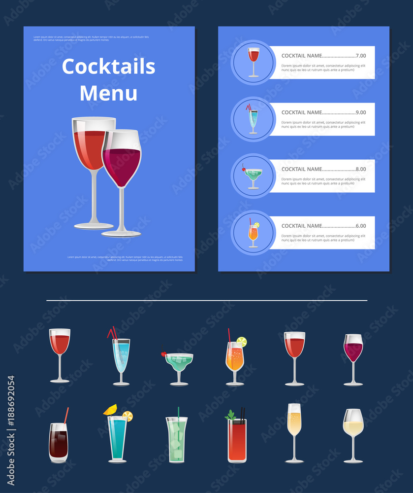 Cocktails Menu Bar Layout Vector Illustration Stock Vector | Adobe Stock