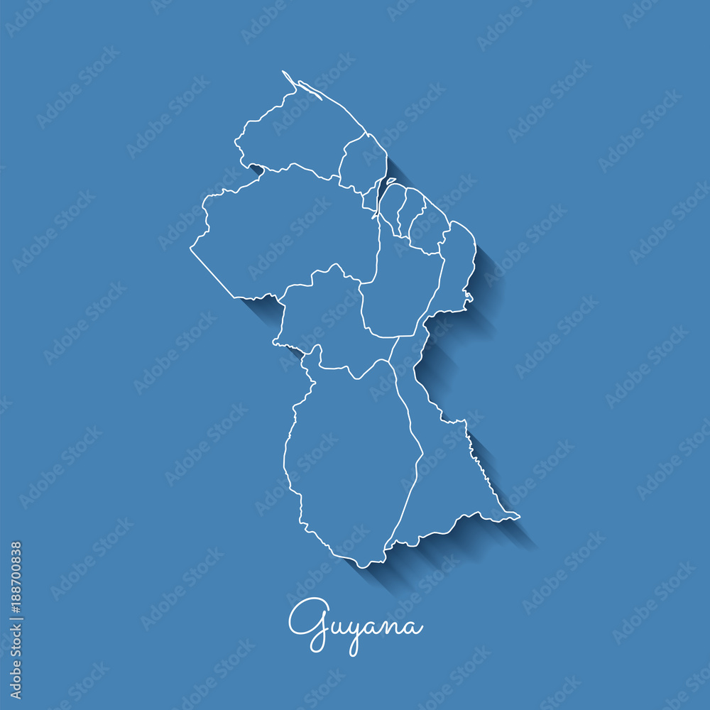 Guyana region map: blue with white outline and shadow on blue background. Detailed map of Guyana ...