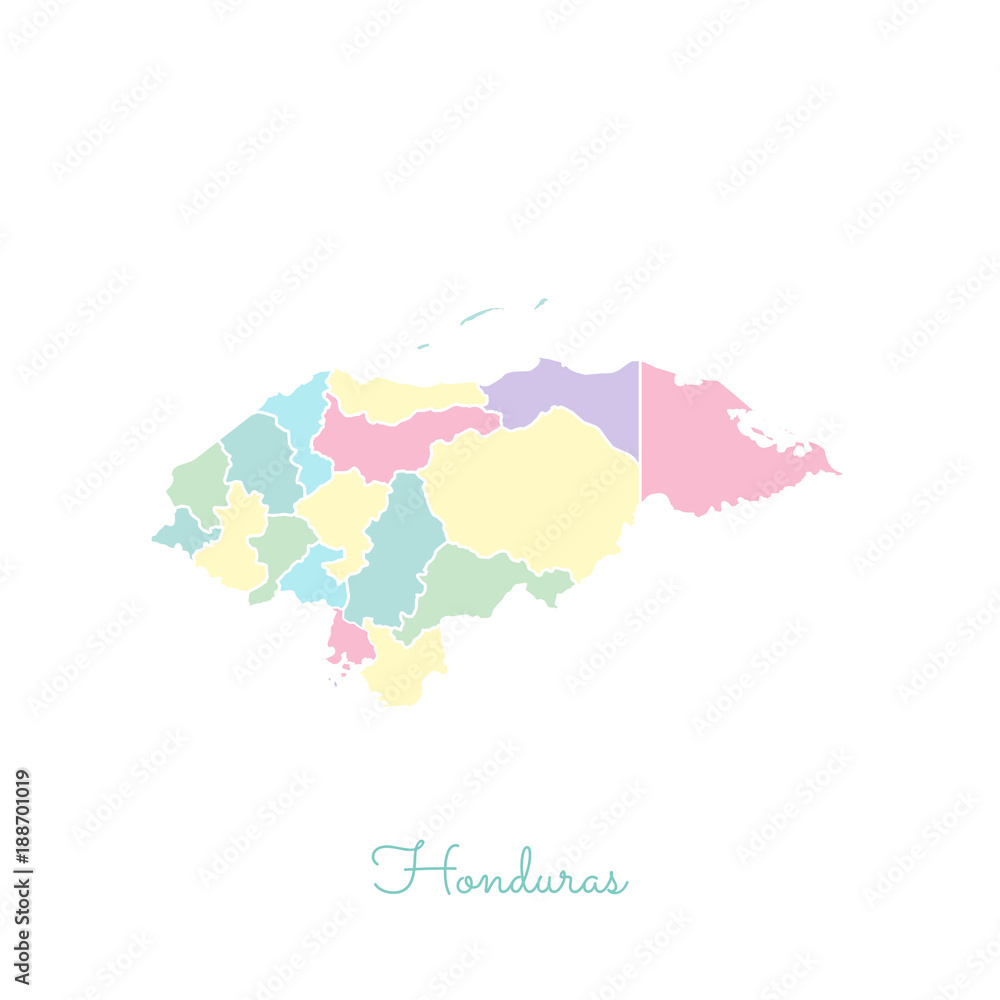 Honduras region map: colorful with white outline. Detailed map of ...