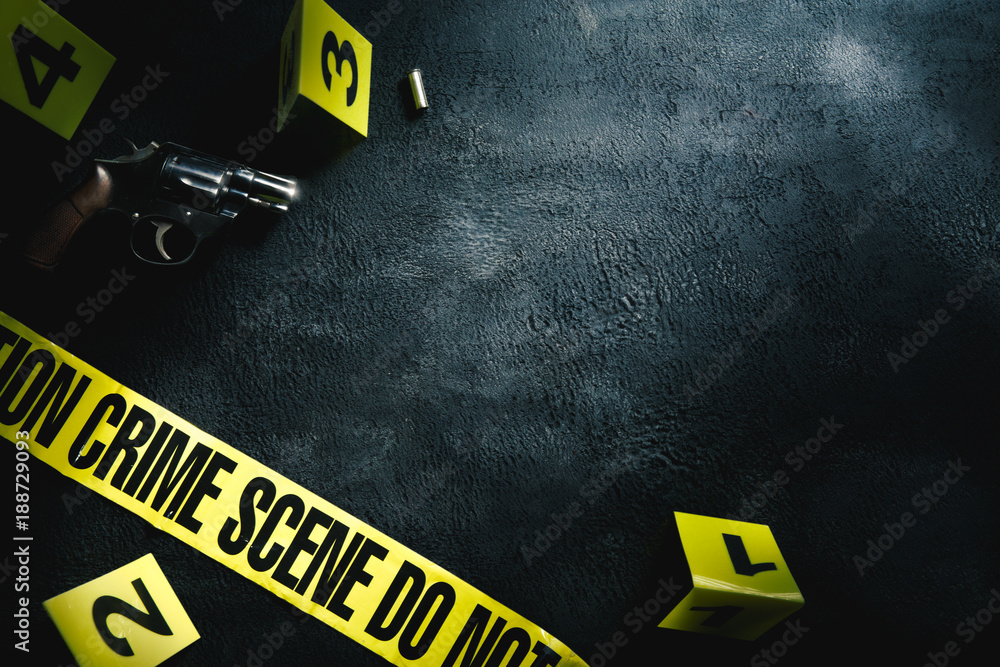 Crime scene concept with a gun and evidence markers , high contrast ...