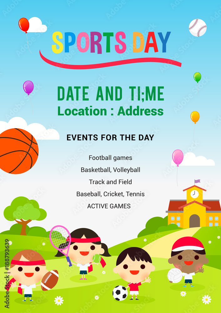Sports Day Poster Vector illustration. Kids playing sports in spring ...