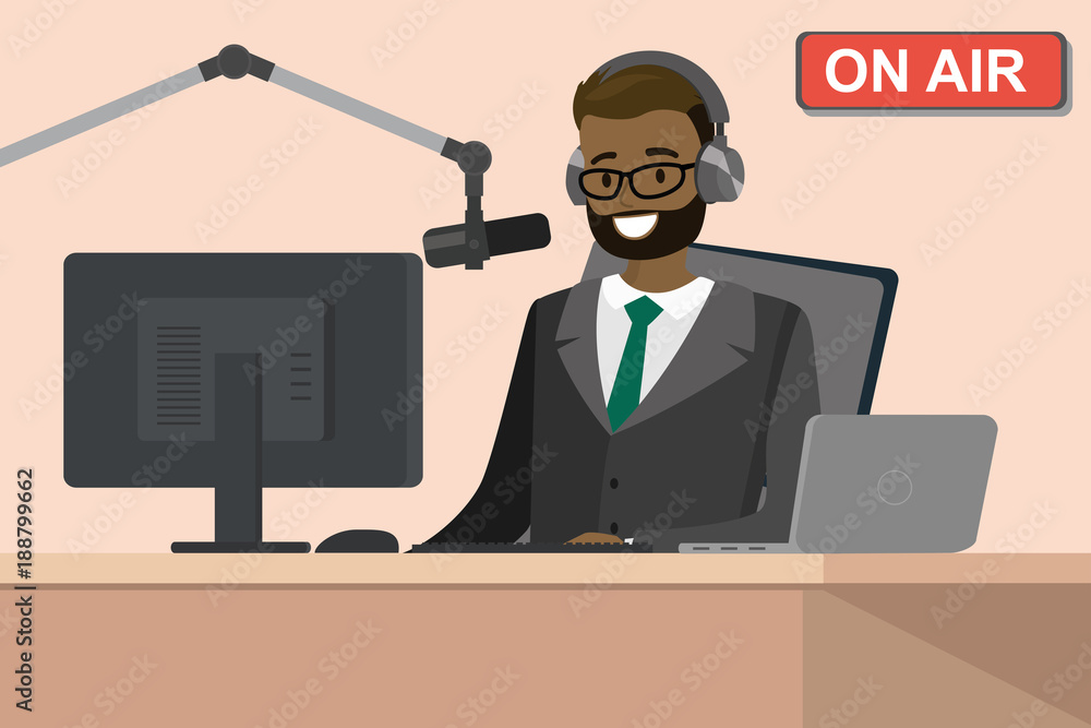 Broadcasting radio host speaks into the microphone on the air の Stock ...
