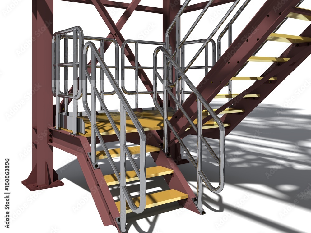 Model metal industrial staircase isolated on white background. Shiny ... Model metal industrial staircase isolated on white background. Shiny ...