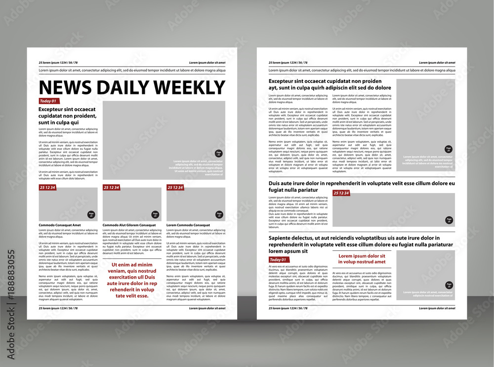 Newspaper template layout print design with dark red and black elements ...