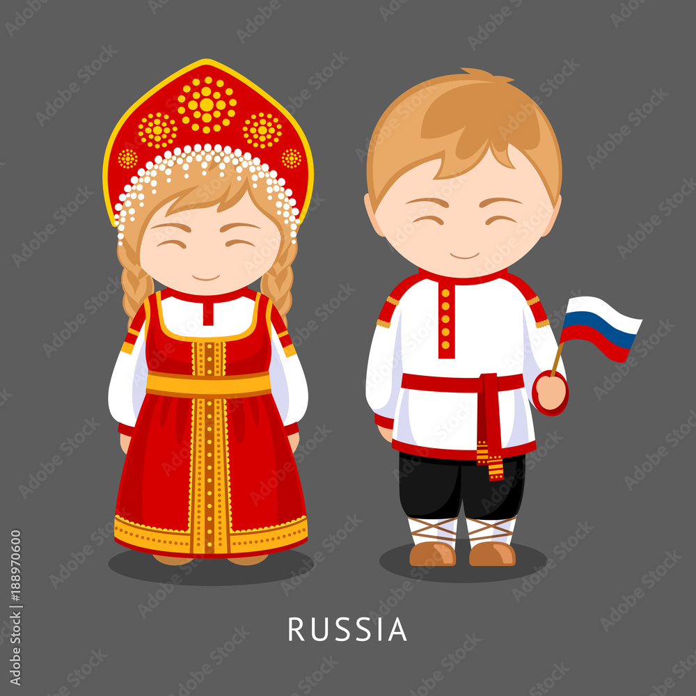 Russians in national dress with a flag. Man and woman in traditional ...