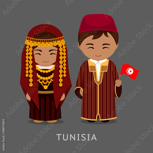 Tunisians In National Dress With A Flag Man And Woman In Traditional