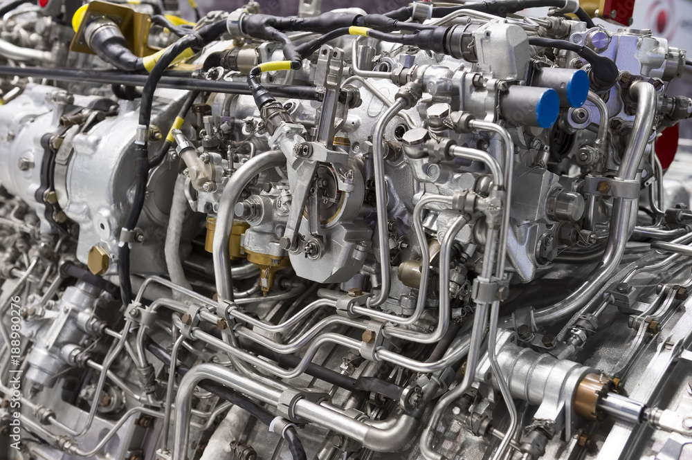 Engine of fighter jet, internal structure with hydraulic, fuel pipes ...