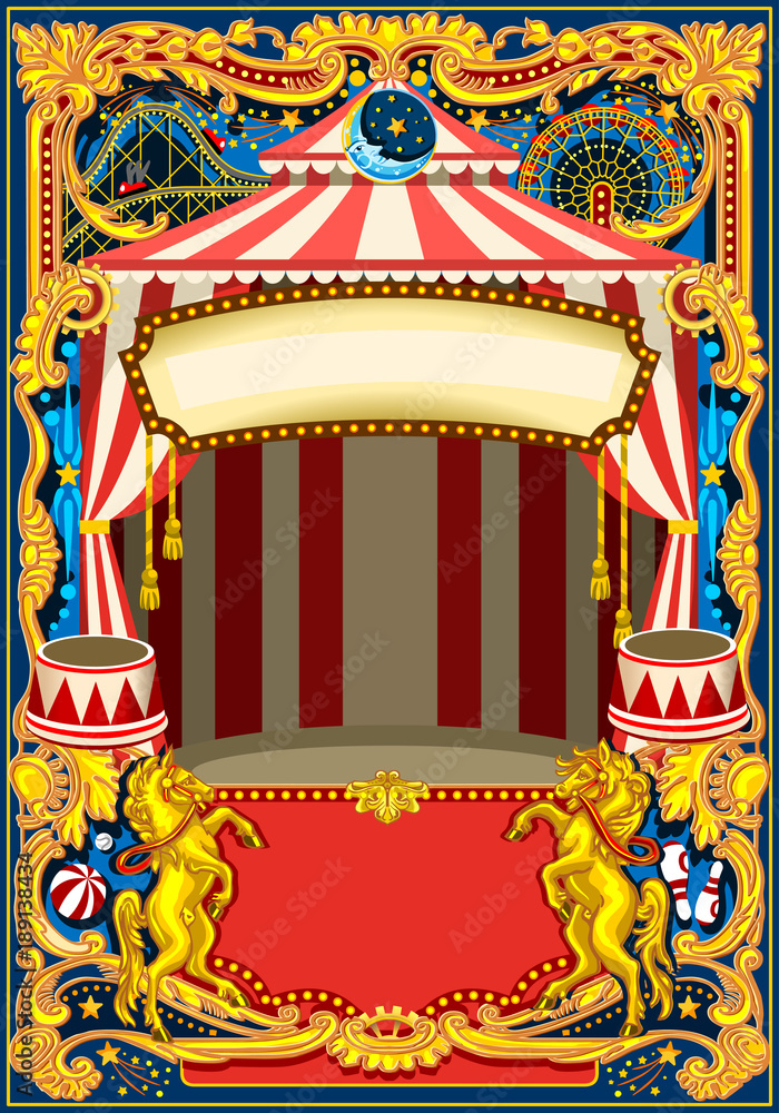 Circus poster theme. Vintage frame with circus tent for kids birthday ...