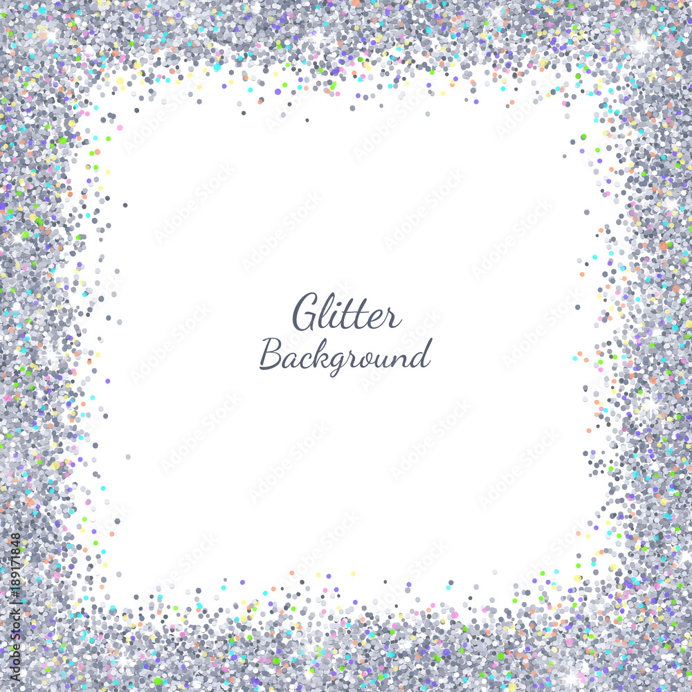 Silver glitter with colored highlights on white background, square ...