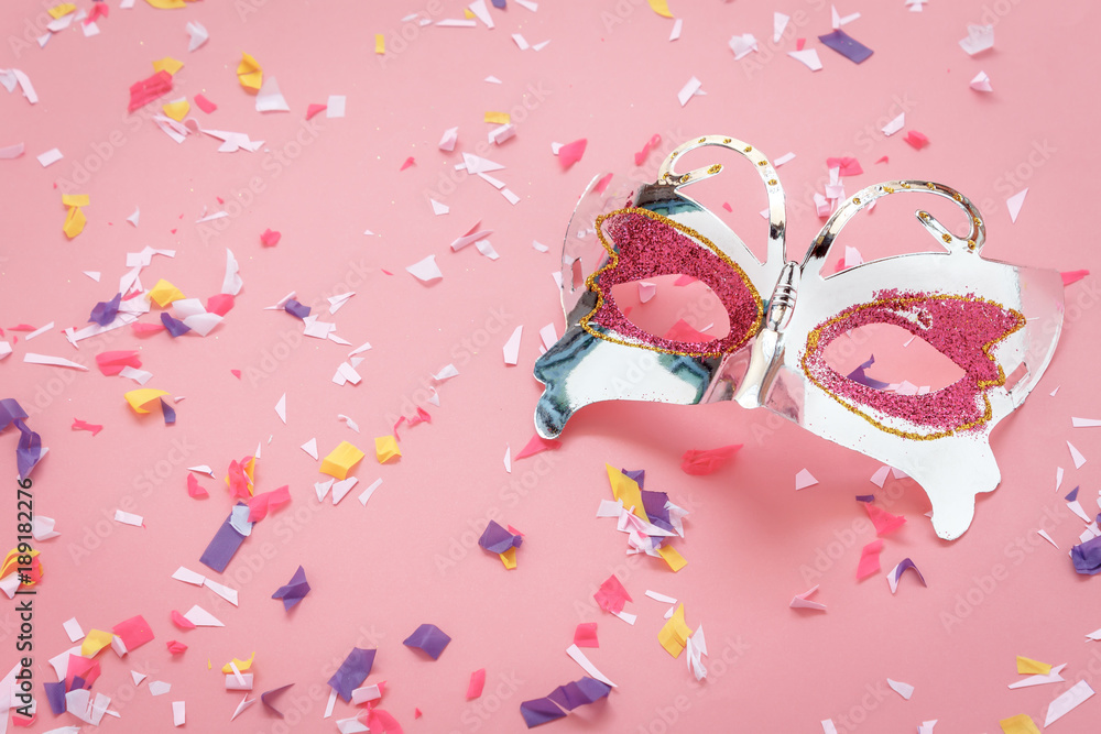Table top view aerial image of beautiful colorful carnival mask or ...