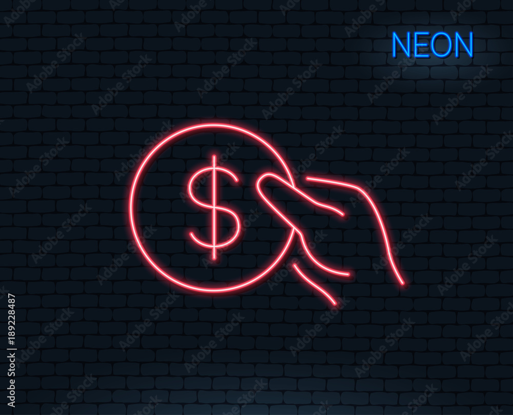 Neon light. Hold Coin line icon. Banking currency sign. Dollar or USD ...