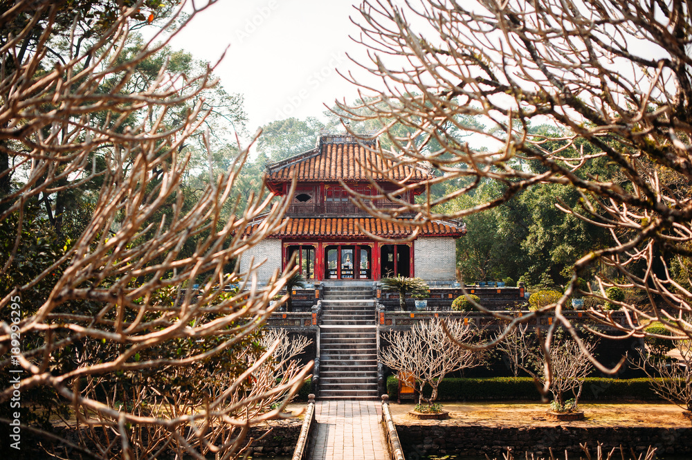 Ancient tomb of Minh Mang Emperor in Hue, Vietnam. Minh Lau pavilion ...