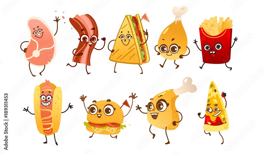 Set of funny fast food characters - burger, hot dog, steak, bacon ...