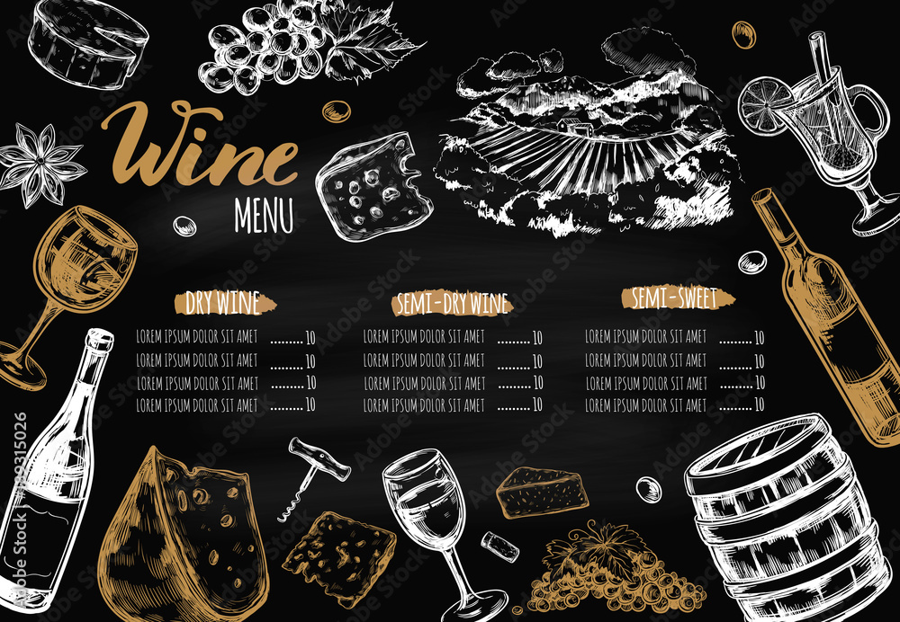 Wine Restaurant Menu. Design template includes different Vector hand ...
