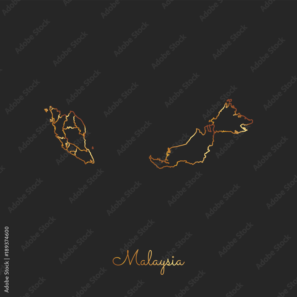 Malaysia region map: golden gradient outline on dark background ...