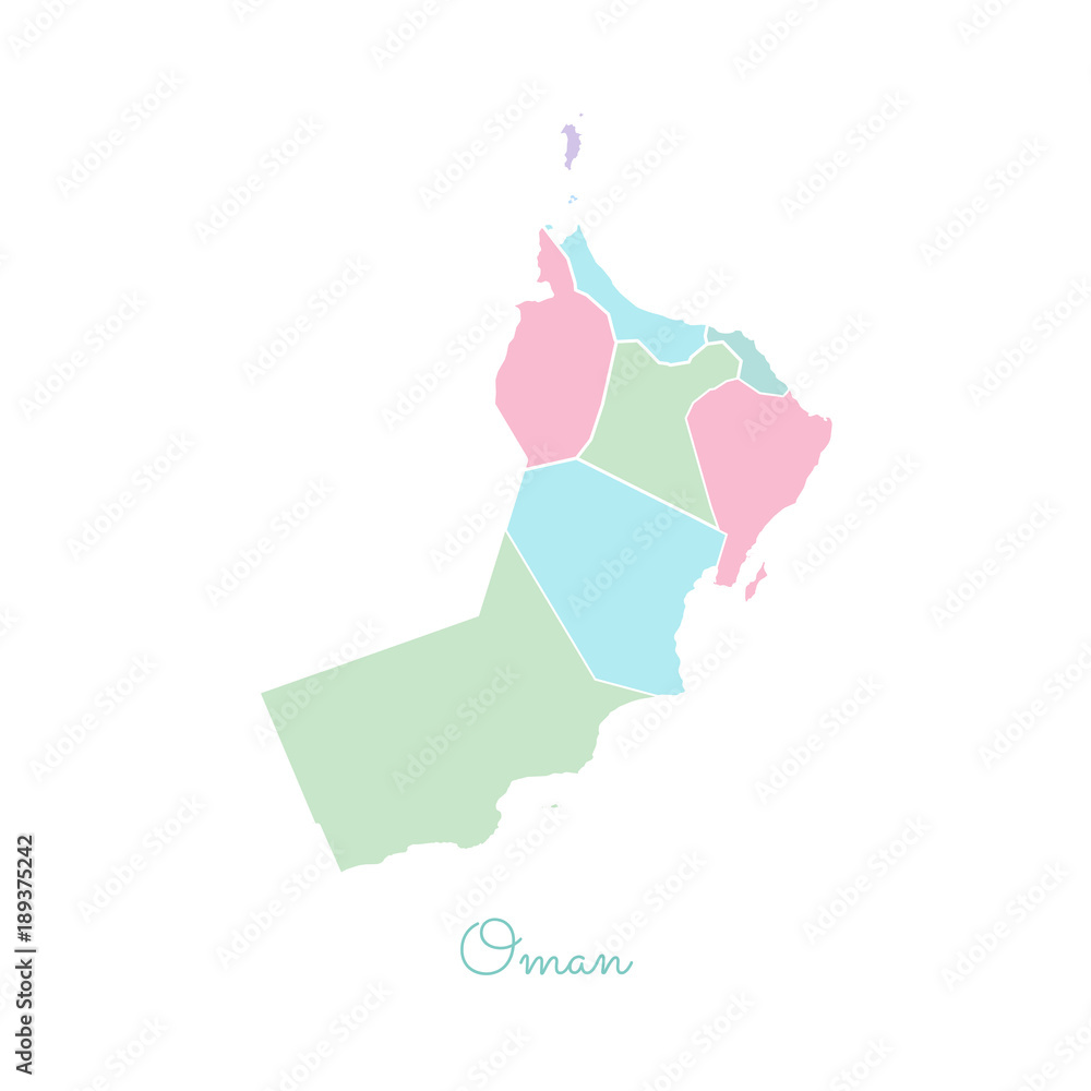 Oman region map: colorful with white outline. Detailed map of Oman ...