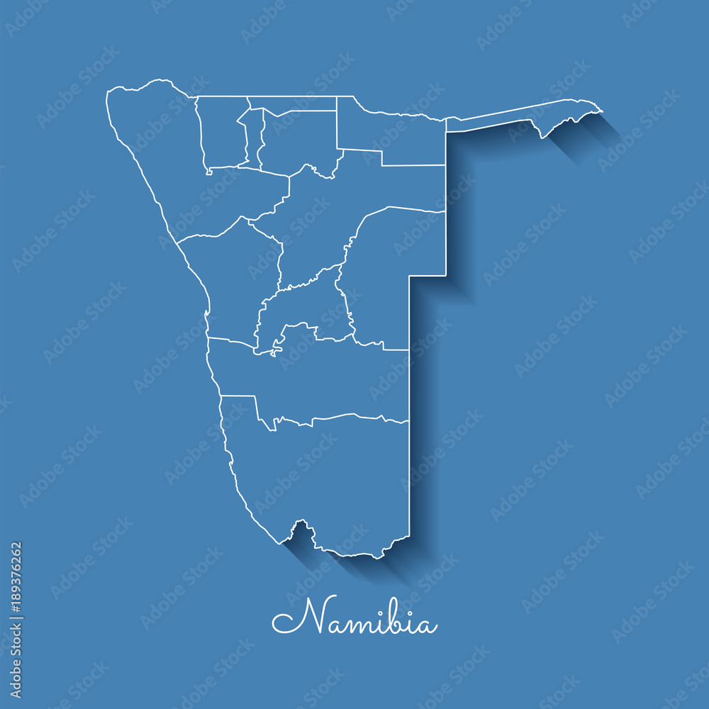 Namibia region map: blue with white outline and shadow on blue ...