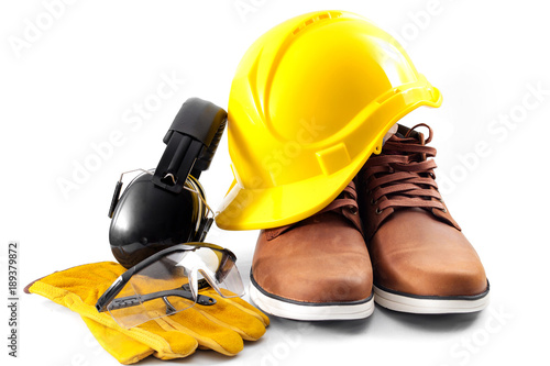 Work Safety Concept With Hard Hat Protective Gloves Boots Eye Safety