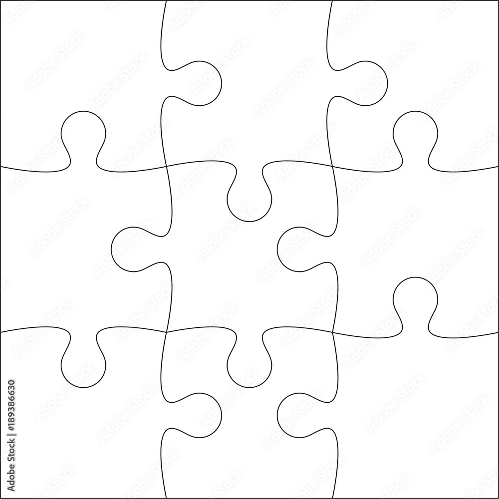 Jigsaw puzzle blank template or cutting guidelines of 9 pieces. Plain ...