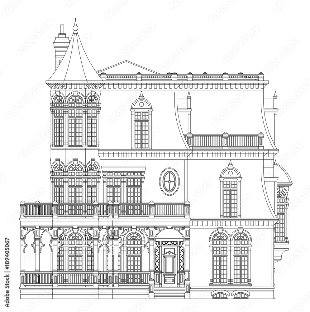 Old house in Victorian style. Illustration on white background. Black ...