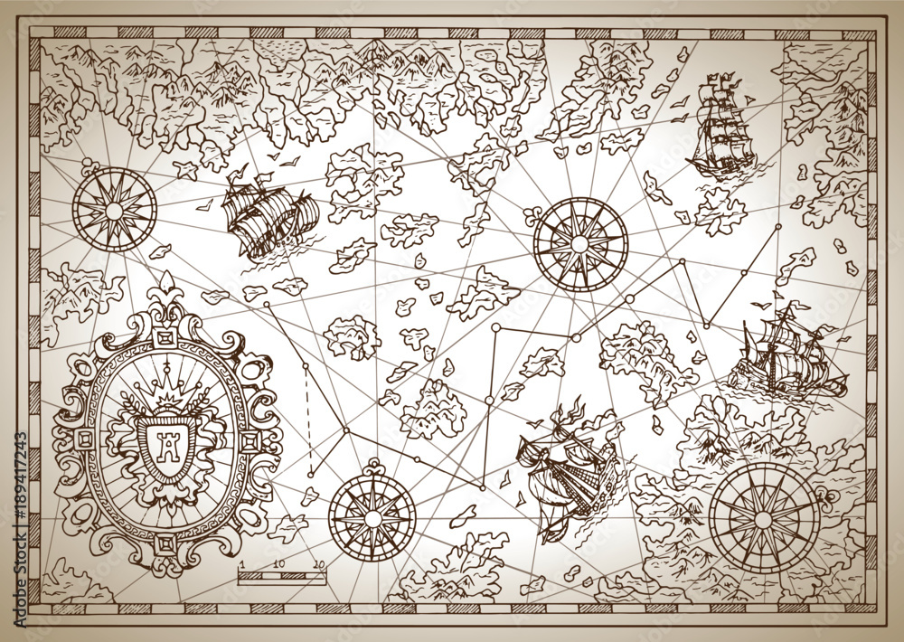 Vektor Pirate map with mythological creatures, old vessels, compass and ...
