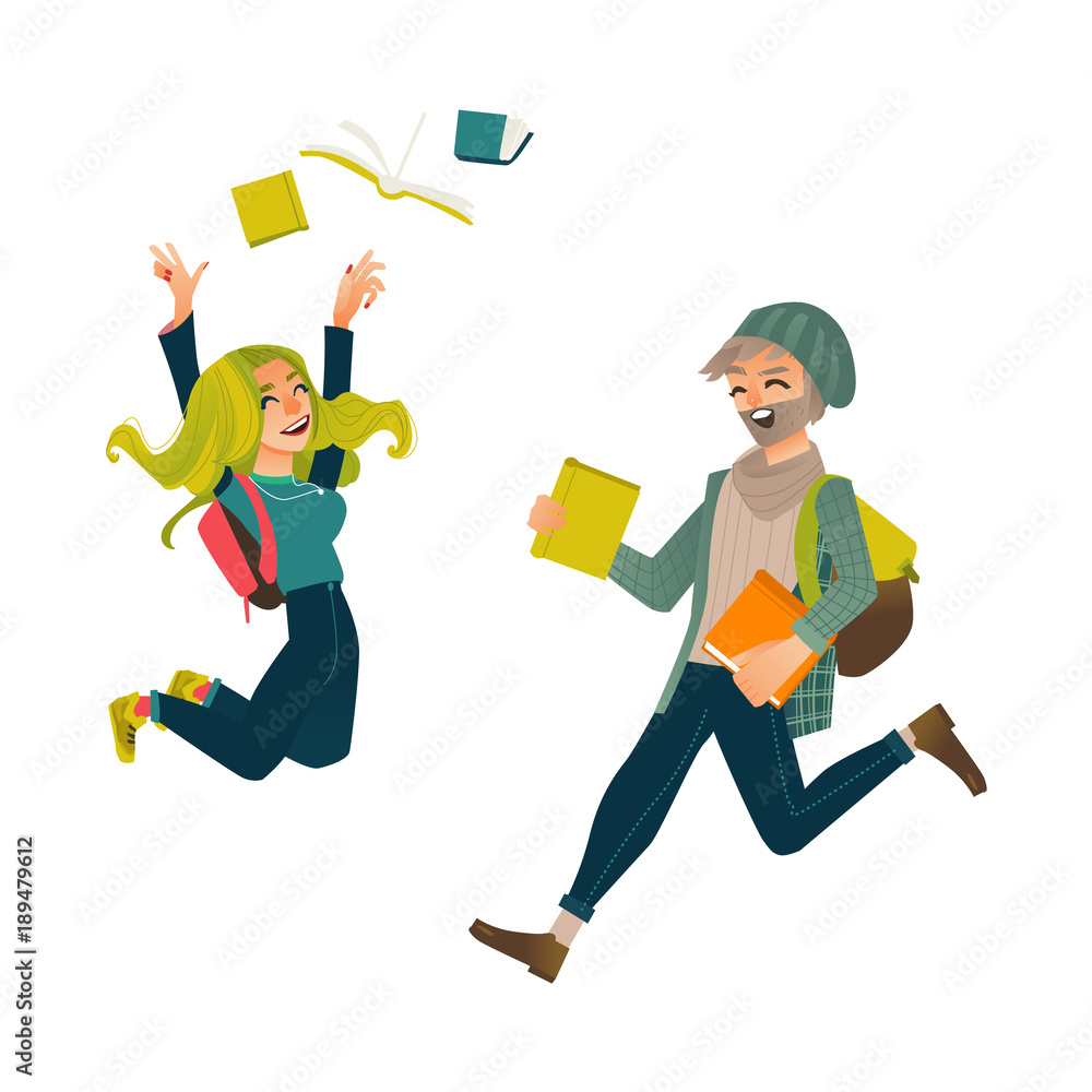 Students, boy and girl, jumping from happiness, celebrating success ...