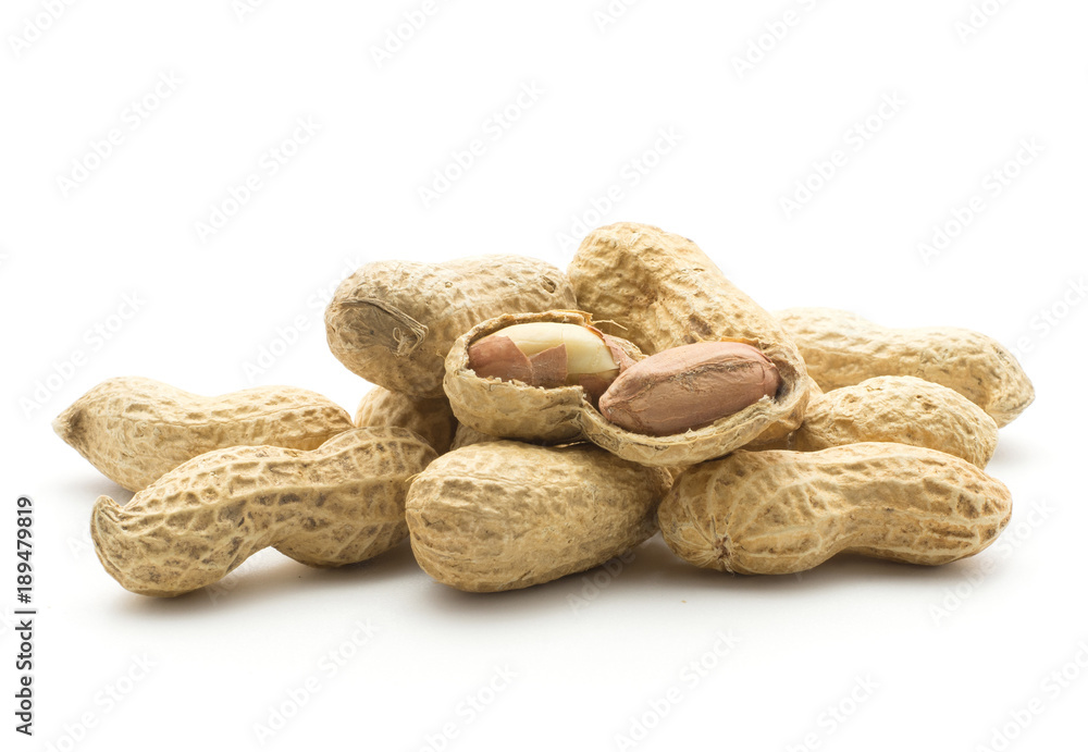 Peanuts stack in husk one broken with two seeds inside isolated on ...
