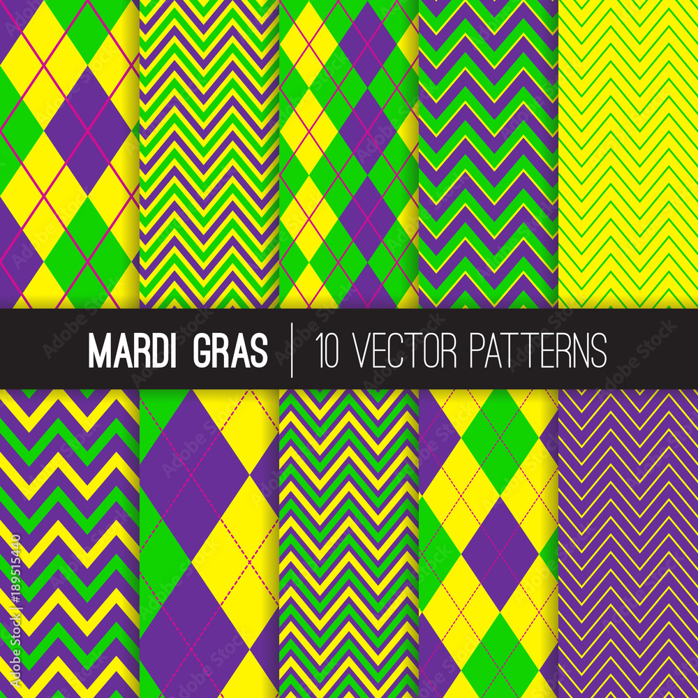Mardi Gras Argyle and Chevron Seamless Vector Patterns. New Orleans ...