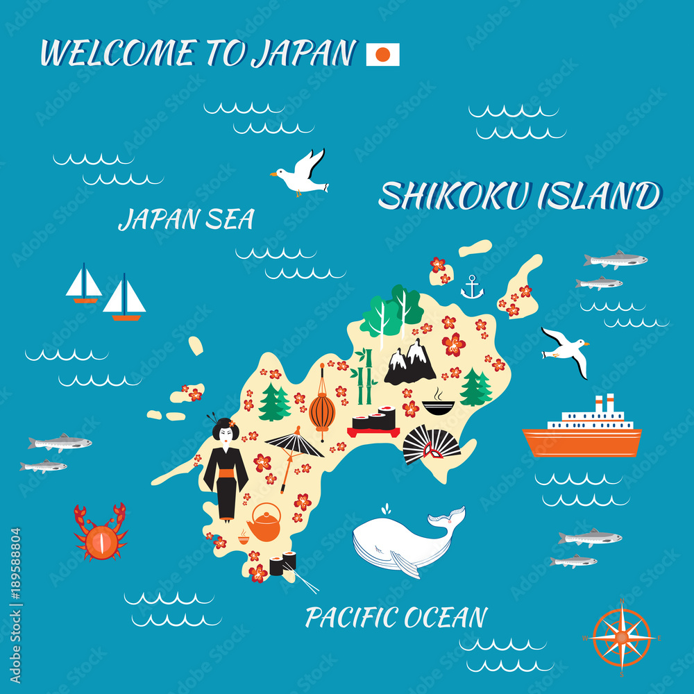Japan cartoon travel map, vector illustration Shikoku island, japanese ...