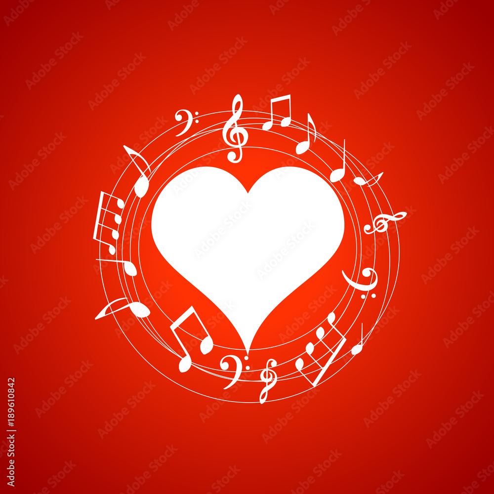 Heart shaped frame with music notes on red background. Music elements ...