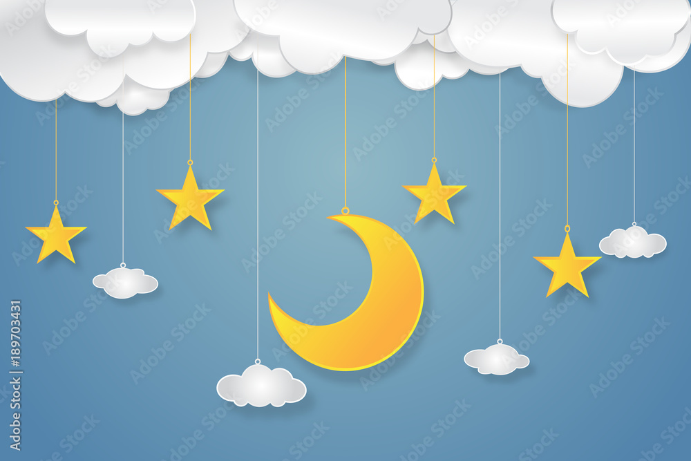 Origami design of Half moon, clouds and stars in the night as paper art ...
