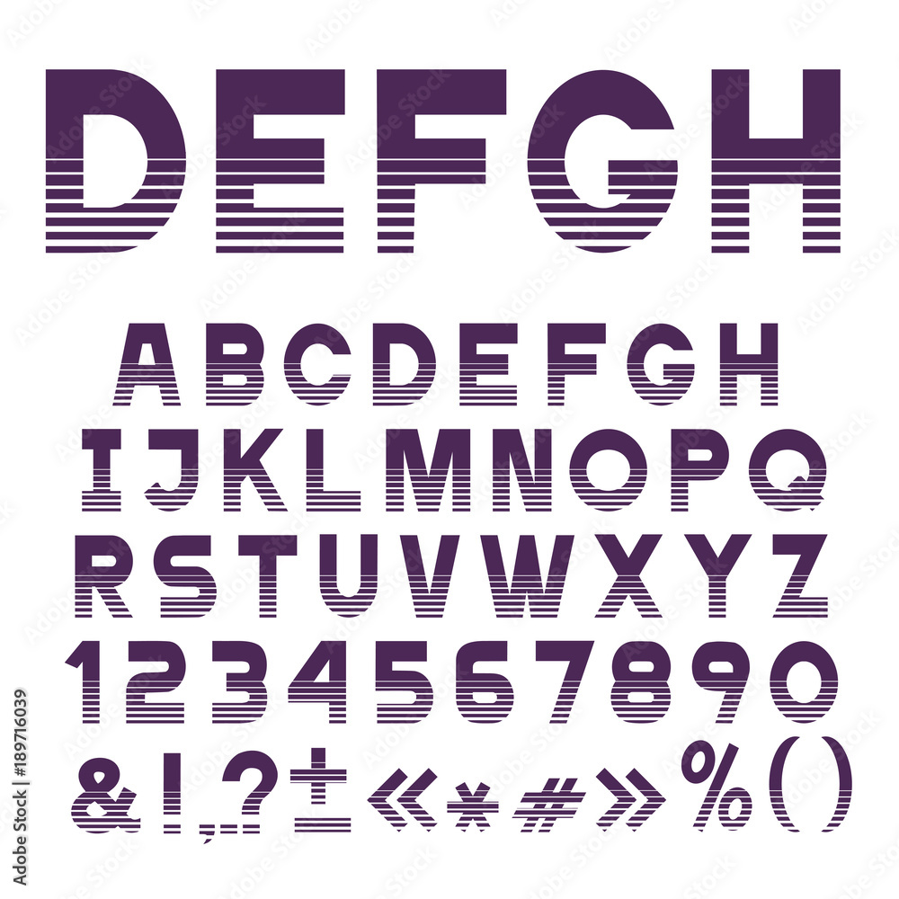 Stylish striped font, alphabet letters,numbers and punctuation marks ...