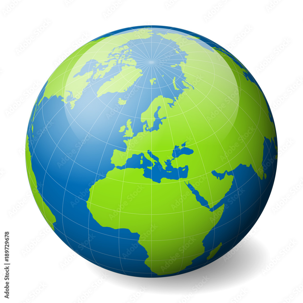 Vector de Stock Earth globe with green world map and blue seas and ...