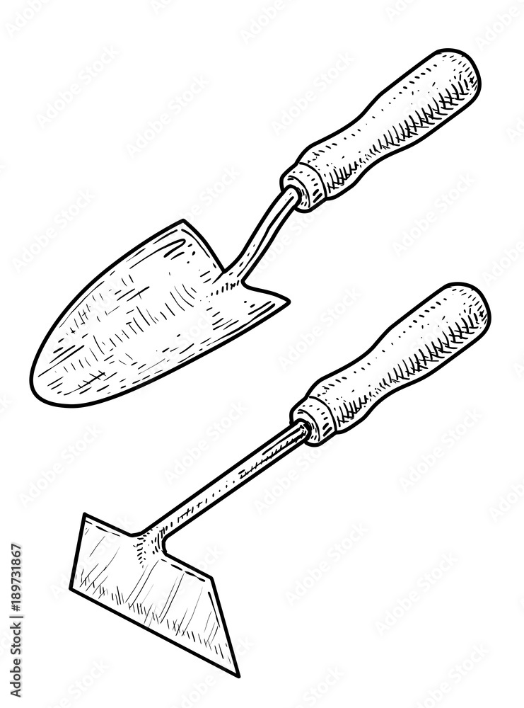 Small garden shovel and hoe illustration, drawing, engraving, ink, line ...