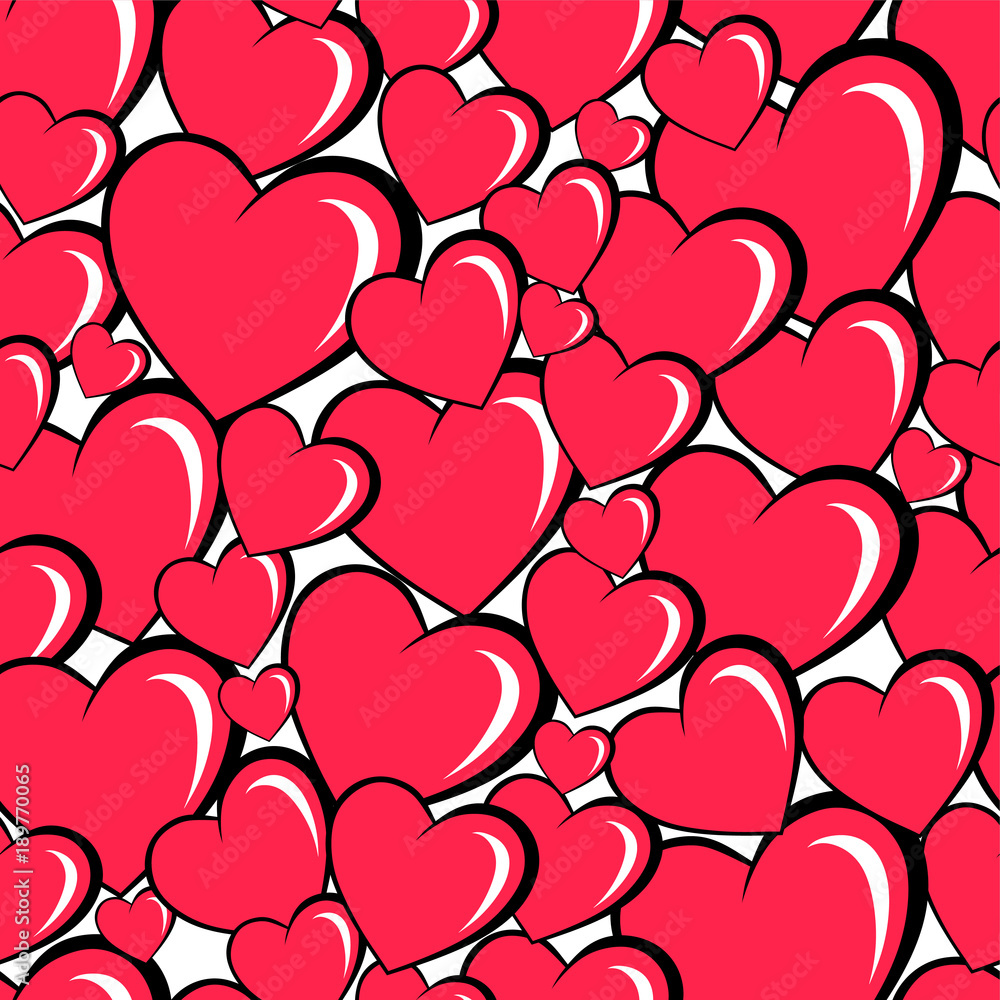seamless pattern of cartoon comic book hearts of red color with overlay ...
