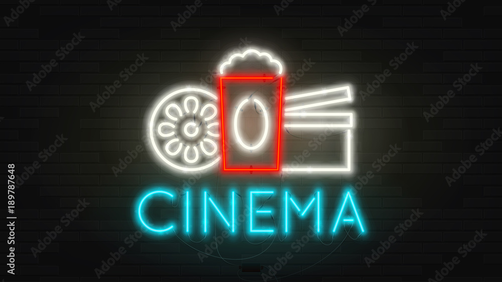 Color neon cinema billboard template. Retro realistic shining banner on ...