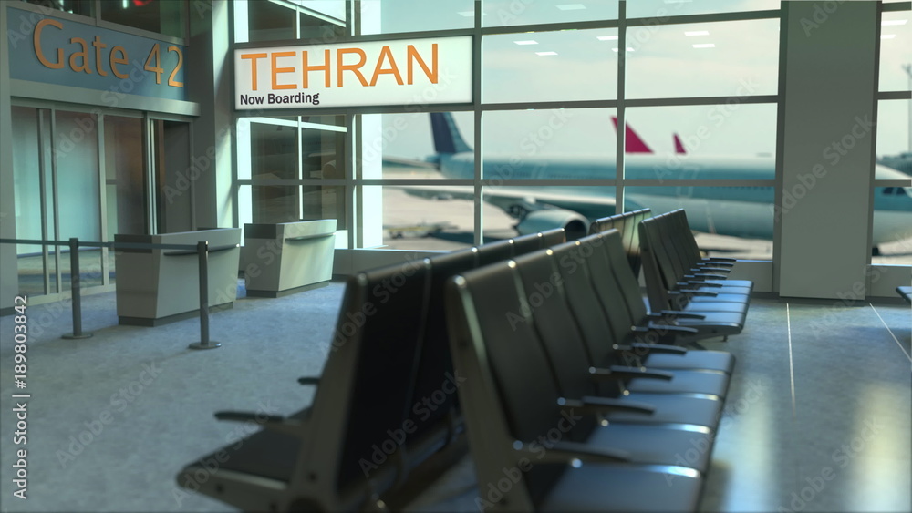 Tehran flight boarding now in the airport terminal. Travelling to Iran ...