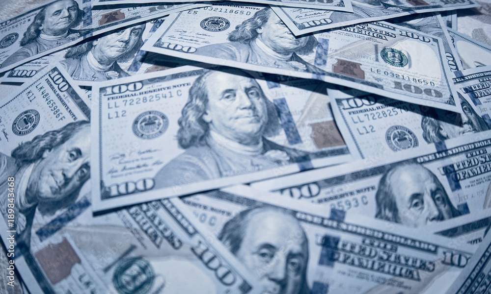 American paper currency notes with a nominal value of 100 US dollar ...