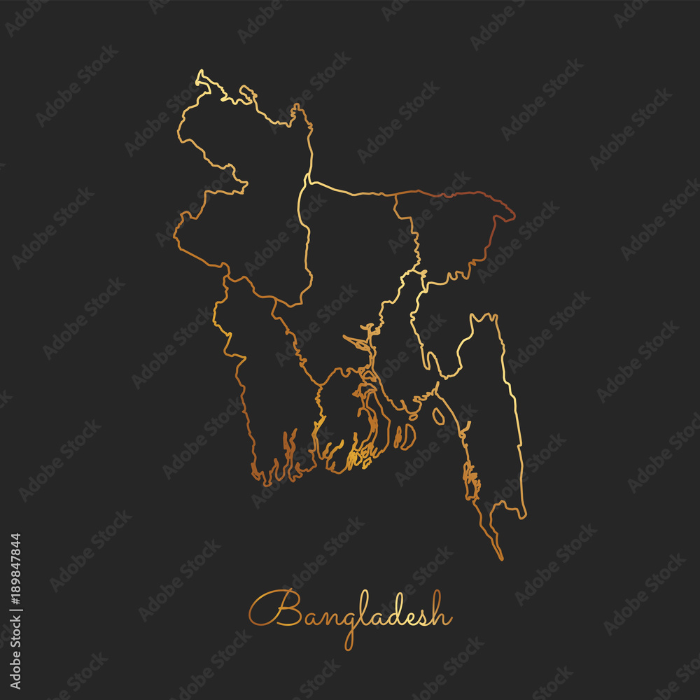 Bangladesh region map: golden gradient outline on dark background ...