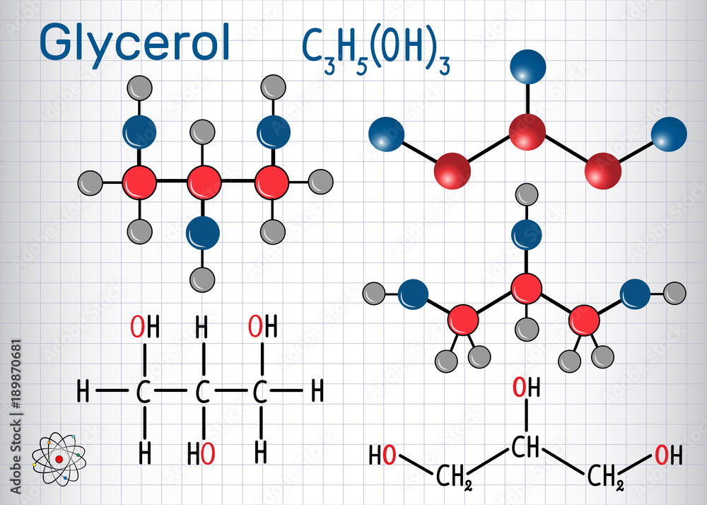 Glycerol (glycerine) molecule. Structural chemical formula and molecule ...