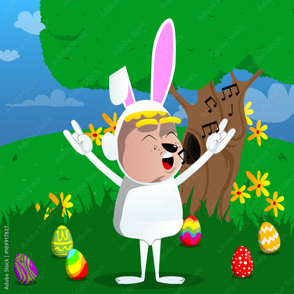 Boy dressed as Easter bunny with hands in rocker pose. Vector cartoon ...