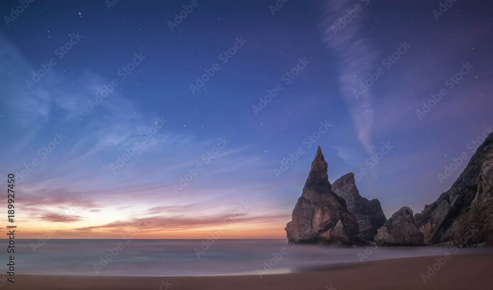 beautiful Atlantic ocean view horizon with sandy beach, rocks and waves ...
