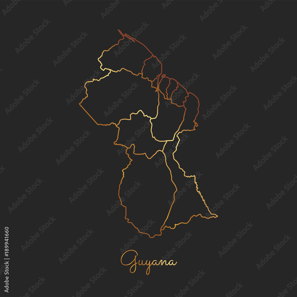 Guyana region map: golden gradient outline on dark background. Detailed map of Guyana regions ...