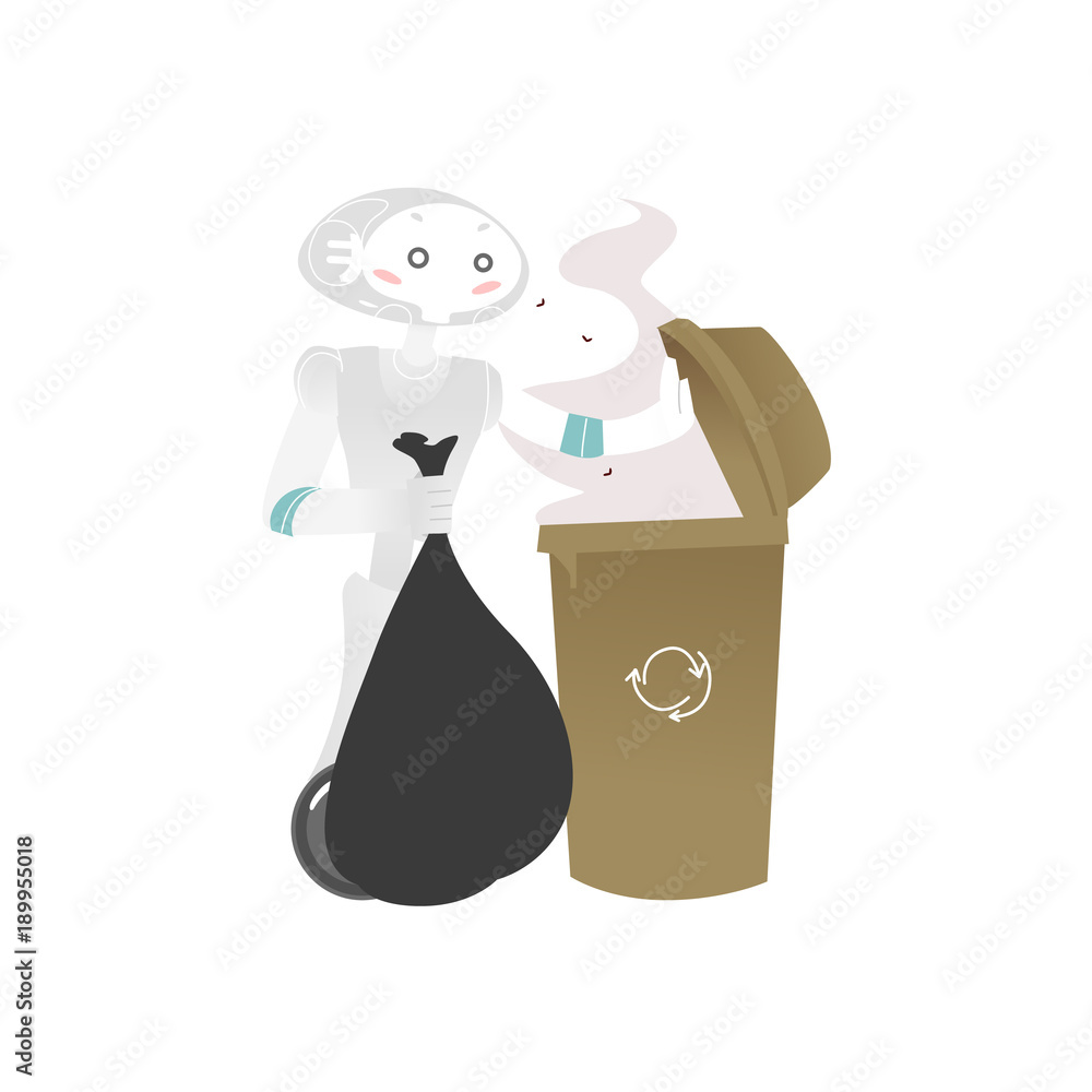 Wheeled robot assistant taking garbage out, throwing it into trash bin ...