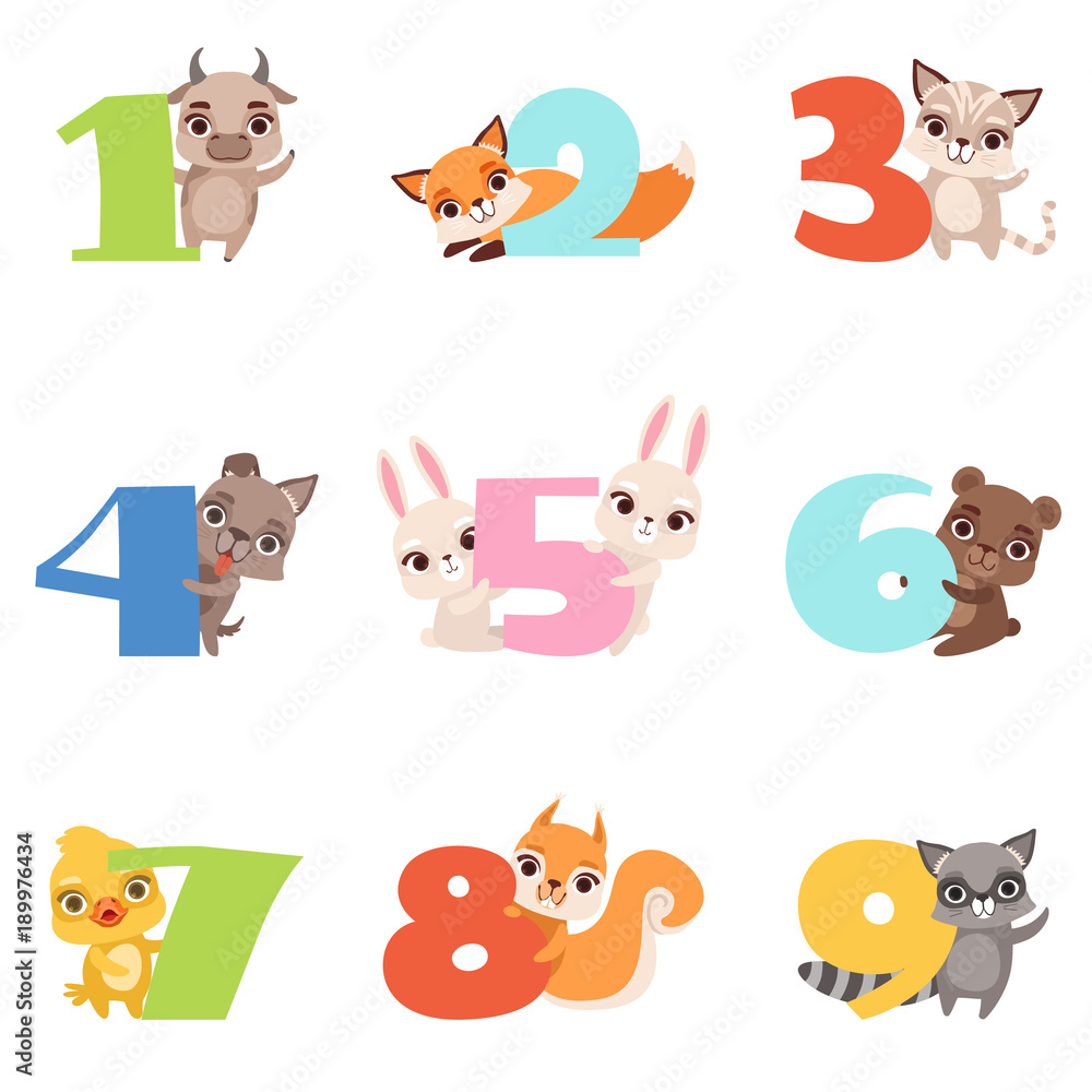 Cartoon set with colorful numbers from 1 to 9 and animals. Calf, fox ...