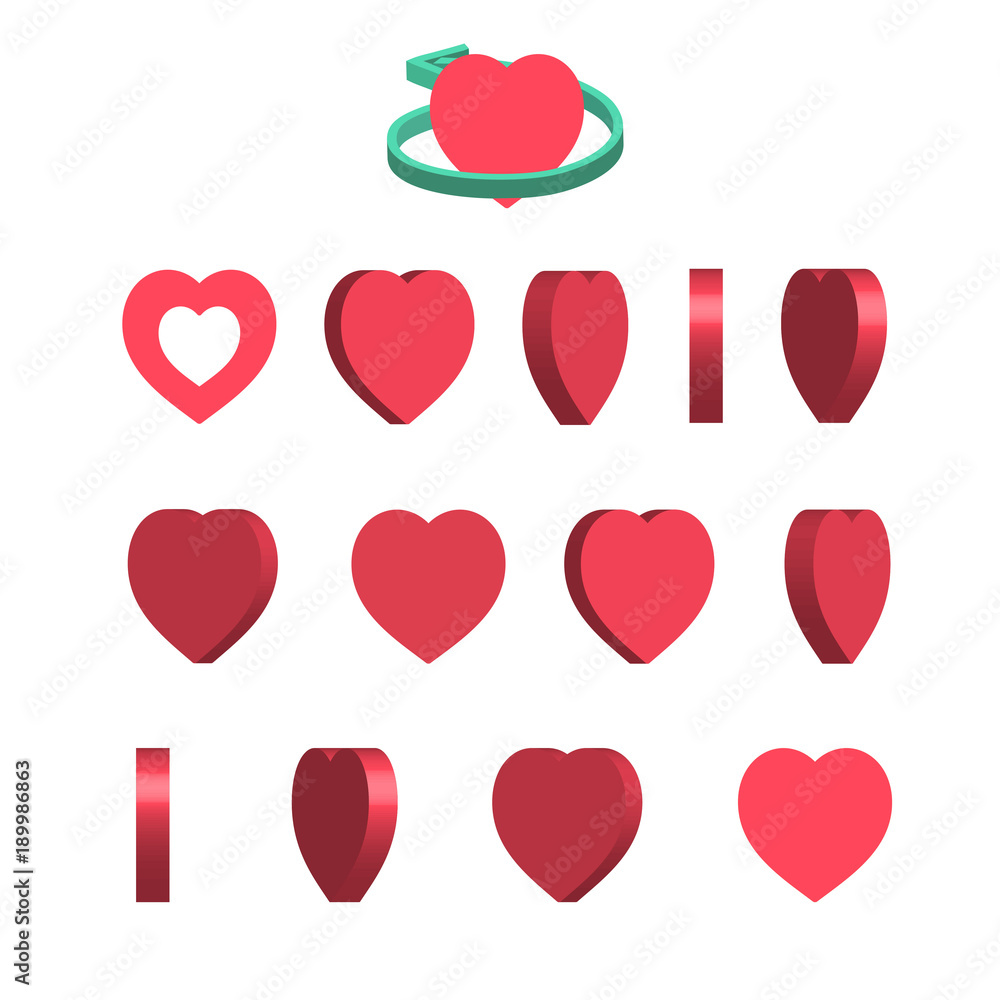 Sheet of sprites. Rotation of cartoon 3d heart. Isolated on white ...