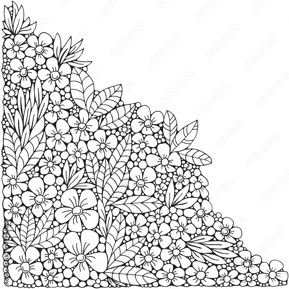 Coloring book page with different little flowers and leaf in zentangle ...